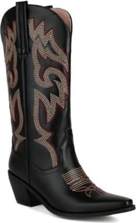 Generic Générique Bottes De Cow - Boy Mi - Mollet Brodées pour Femmes, Bottes Western À Bout Carré Large Mollet Enfiler,Noir,45 EU