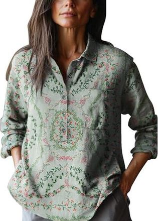 Generico Chemise Femme d&Eacute;t&eacute; D&eacute;contract&eacute;e &agrave; Manches Longues T Shirt en Lin Coton Curvy Respirant Chemisier Col en V Doux Blouse Vintage Imprim&eacute; avec Boutons L&eacute;g