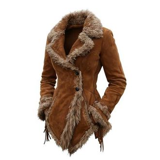 Generic Manteau r&eacute;tro en velours pour femme avec col et revers &agrave; simple boutonnage - Veste en polaire imitation cuir pour lautomne et lhiver, marron, XXL