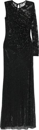 Self Portrait Femme, Robes, Noir, Taille: 36 FR Robe Longue Asym&eacute;trique &agrave; Une &Eacute;paule avec Manche en Dentelle Orn&eacute;e de Strass