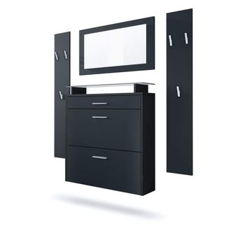 Vladon Garderobe Malea, Garderobenset bestehend aus 1 H&auml;ngeschuhschrank, 1 Wandspiegel und 2 Garderobenpaneele, Schwarz matt/Schwarz matt