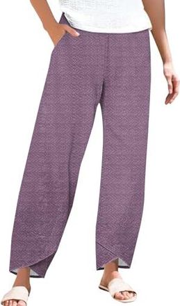 Generic Pantalon Fluide Femme en Lin Large Elegant Pantalon en Lin Ray&eacute; pour Femme D&Eacute;t&eacute; D&eacute;contract&eacute; &Agrave; Jambes Larges avec Poches Court et Leger Vetement Ete L&eacute;