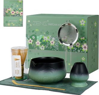 Zens Matcha Set, Matcha Tee Set mit Matt Keramik Matcha Schale, Matcha-Pulversieb, Matcha Besen, Besenhalter und Bambusschaufel & Teetuch, Geschenk f&uuml;r Mat
