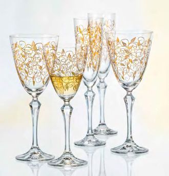 Bohemia Design Weißweingläser Kristall, Weinglas, Model Leaves Gold, Gold Gravur, 6er Set, 250 ml