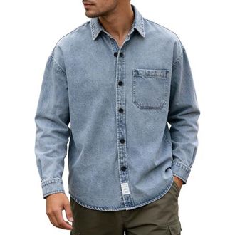 Generic Veste en jean surdimensionn&eacute;e pour homme, style vintage, d&eacute;lav&eacute;, coupe ample, boutonn&eacute;e, v&ecirc;tements dext&eacute;rieur d&eacute;contract&eacute;s, bleu, 3XL