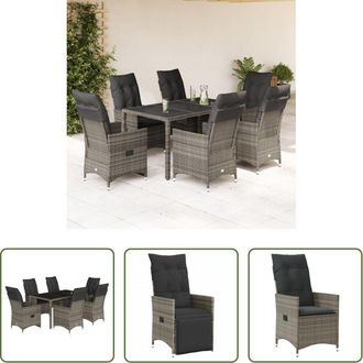 vidaXL Gartentisch - 7-tlg. Garten-Essgruppe mit Kissen Grau Poly Rattan