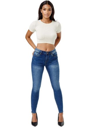 Tazzio Damen Skinny Fit Push Up Jeans F106 Blau Gr&ouml;&szlig;e 48 - Figurbetonte Stretch-Jeans mit Shaping-Effekt - High Waist Hose f&uuml;r Alltag & Freizeit