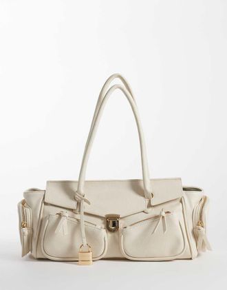 Glamorous Schultertasche in Ecru mit mehreren Taschen und Vorh&auml;ngeschloss-Wei&szlig;