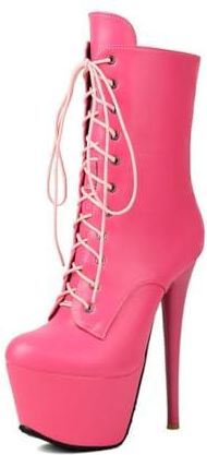 Generic Bottines De Cheville À Plateforme Audacieuses Femme Lacets Talons Aiguilles Cuir Brillant Vibrantes Fêtes Clubs Soirées,Rose Red,39 EU