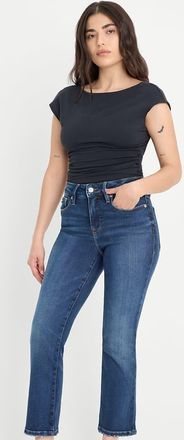 Good American Petite jean droit en denim technique souple d&eacute;lav&eacute; bleu moyen