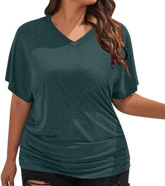 Generic Chemisier uni à manches courtes pour femme - Grande taille - T-shirt décontracté à col en V - T-shirt basique doux et léger - Confortable - Vêtements 