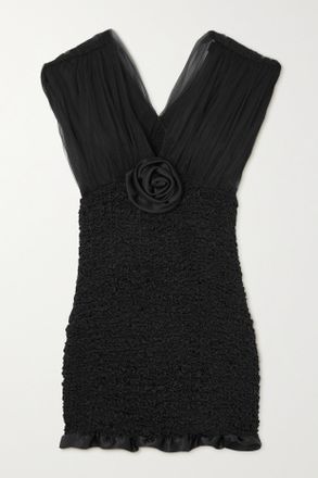 Alessandra Rich Minikleid Aus Glänzendem Seiden-cloqué Und Tüll Mit Applikation - Schwarz