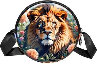 Generic Petit sac &agrave; bandouli&egrave;re circulaire pour femme, motif fleur de lion, sac &agrave; dos avec fermeture &eacute;clair, bretelles r&eacute;glables, sac &agrave; main rond d&eacute;contract&eacute; 