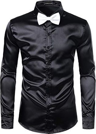 PARKLEES Chemise à manches longues en satin brillant similaire à de la soie - pour homme - pour fête, soirée disco, bal de promo, Noir, XXL