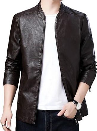Generic Blouson de motard pour homme, blouson bomber d&eacute;contract&eacute; en similicuir, coupe ajust&eacute;e, couleur caf&eacute;, taille XL