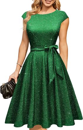 Dresstells Cocktailkleider f&uuml;r Damen Hochzeitsg&auml;ste 2025 Sparkly Holiday Prom Party Kleid, Pailletten Aline Modest Mother of Bride Midi Kleid Glitter Green XL