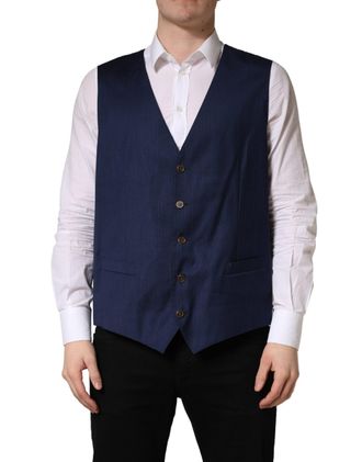 Dolce & Gabbana Mens Navy Blue Wool Dress Formal Waistcoat Vest Virgin Silk
