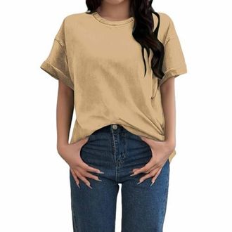 Generic T-shirts en coton pour femmes, hauts en coton pour femmes, hauts d&eacute;contract&eacute;s &agrave; manches courtes en lin, couleur unie, t-shirt basique &agrave; col rond, conf