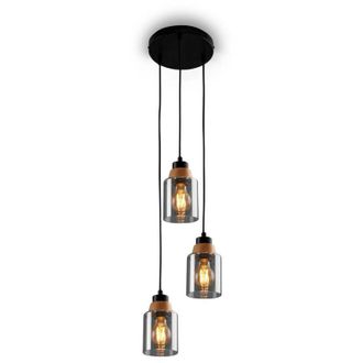 Briloner Pendant light, with wood, smoked glass, 3xE27/max