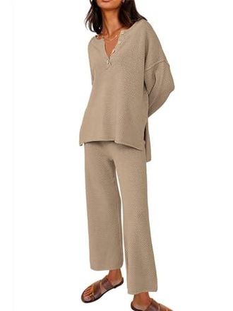 Generic Ensemble chandail 2 pi&egrave;ces pour femme, coupe d&eacute;contract&eacute;e, pull en tricot &agrave; manches longues et pantalon &agrave; jambe large, rose, taille S, pour le quotidi