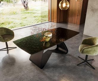 DELIFE Esstisch Edge Boot 200x100 Reliefglas Rauchschwarz 3D-Design W-Gestell Metall Schwarz, Esstische