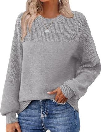 Generic Pull d&eacute;contract&eacute; &agrave; manches longues pour femme - Col rond - Couleur unie - Pull d&eacute;contract&eacute; en tricot, gris, XXL