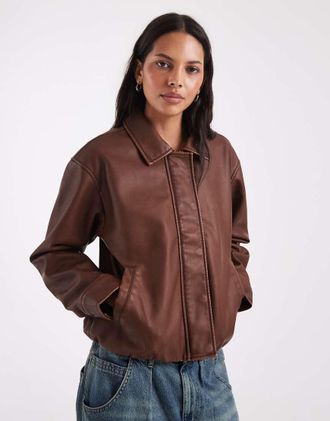 Hollister bomber oversize &agrave; basque arrondie en imitation cuir marron