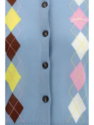 Ganni Womens Cardigan Diamond-Pattern Soft Chambray Cotton Sweater