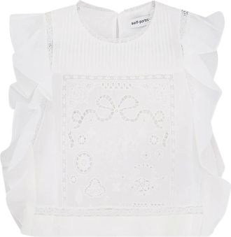 Self Portrait Femme, Blouses et Chemises, Blanc, Taille: 34 FR Haut &agrave; Volants en Dentelle de Ramie