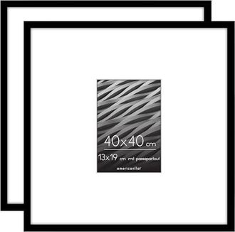 Americanflat Bilderrahmen 40x40 cm Schwarz (2er Pack) - Bilderrahmen 13x19 cm mit Passepartout - aus Kunststoff mit poliertem Plexi-Scheibe