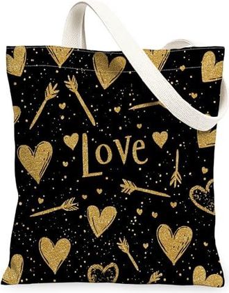 Generic Sacs fourre-tout en toile r&eacute;utilisables pour la Saint-Valentin, motif coeur dor&eacute;, sacs de courses r&eacute;utilisables, l&eacute;gers et lavables pour voyage, plage