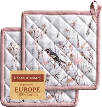 Maison d'Hermine Meadow Florals Lot de 2 maniques 100% Coton avec Boucle r&eacute;sistante &agrave; la Chaleur pour Barbecue, Cuisson, Griller, Micro-Ondes, Printemps/&eacute;t&eacute; (Brown, 20