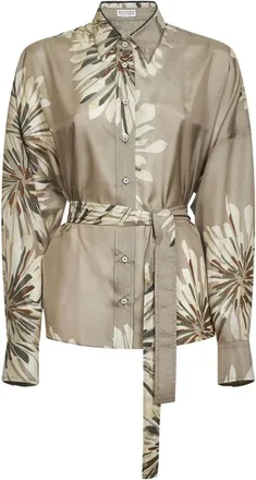 Brunello Cucinelli Femme, Blouses et Chemises, Multicolore, Taille: 36 FR Chemise en Soie Avec Ceinture