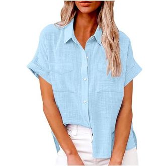 Generic Chemisiers en coton et lin pour femme 2026 boutonn&eacute;s enroulables &agrave; manches courtes T-shirt de plage d&eacute;contract&eacute; ample avec double poches, bleu, XXL