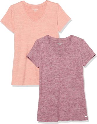 Amazon Essentials Damen Active Quick Dry Tech Stretch Kurzarm-T-Shirt mit V-Ausschnitt (in Übergröße erhältlich), 2er-Pack, Lachsrosa Space-dye/Pflaume Space-dye, XXL