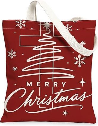 Generic Sacs fourre-tout en toile motif sapin de No&euml;l, sacs d&eacute;picerie r&eacute;utilisables, l&eacute;gers et lavables, Rouge, 13x15 Inch