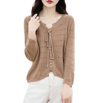 Generic Pull pour femme 100 % coton avec col en dentelle ajour&eacute; avec corde, pull fin tricot&eacute; chaud, Camel, XS