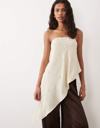Six Stories Top bandeau densemble ornement&eacute; &agrave; ourlet asym&eacute;trique - Taupe-Blanc