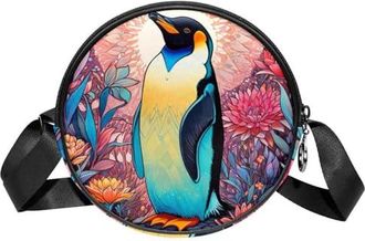 Generic Sac &agrave; bandouli&egrave;re rond pour femme, motif pingouin &agrave; dessin color&eacute;, petit sac &agrave; dos &agrave; bandouli&egrave;re avec fermeture &eacute;clair, bretelles r&eacute;glables, sac &agrave; mai