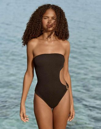 4th & Reckless Maillot 1 pi&egrave;ce bandeau effet froiss&eacute; &agrave; d&eacute;coupe et d&eacute;tail m&eacute;tallique en spirale - Noir