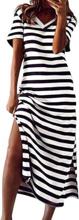 Generic Robe dété longue rayée pour femme - Robe maxi dété - Manches courtes - Col en V - Rayures - Tunique avec fente - Robe décontractée - Robe décontractée