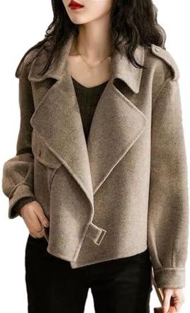 Generic Manteau en laine mélangée à manches longues pour femme - Manteaux courts - Col rabattu - Épais et ample - Pour femme, kaki, L
