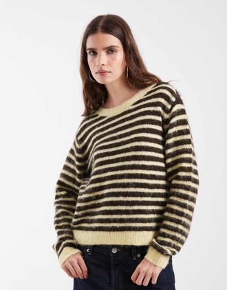 Object pull en maille textur&eacute;e effet pelucheux jaune &agrave; rayures marron-Gris