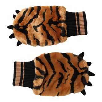Dolce & Gabbana Femme, Accessoires, Brun, Taille: ONE Size Tiger Knitted Fur Wrist Mitten Gloves