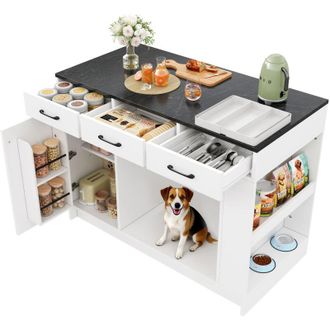 Liberte &Icirc;lot de cuisine, armoire &agrave; 3 tiroirs, 1 &eacute;tag&egrave;re &agrave; &eacute;pices, tablette r&eacute;glable, double tablette, Espace avec animaux de compagnie, 120x60x90 cm, blanc
