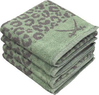 Sansibar Handtuch-Set Leo (4-teilig) - 100% Baumwolle, 550 g/m&sup2; Zwirnfrottier, Leo-Muster S&auml;beln, weich, saugstark & elegant - 50&times;100 cm (Gr&uuml;n/Anthrazit)