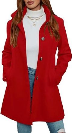 Generic Winter Wool Coats for Women Winter Mid Long Notch Lapel Single Breasted Peacoat Casual Trench Coats Outwear Red Medium