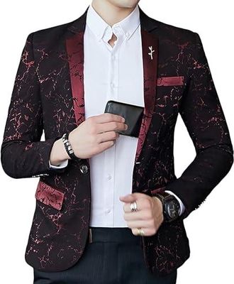 Generic Blazer floral pour homme - Coupe ajust&eacute;e - 1 bouton - Motif floral - Pour d&icirc;ner et bal de fin dann&eacute;e, Rouge, XXL