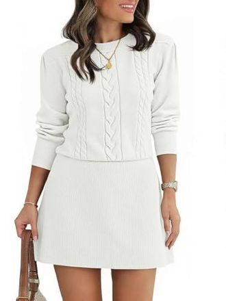 Generic Robe pull pour femme, manches longues, col haut, en maille c&ocirc;tel&eacute;e, coupe ajust&eacute;e, manches bouffantes, blanc, XXL