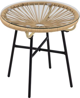 OUTSUNNY Beistelltisch aus PE Rattan runder Couchtisch mit Glastischplatte Tablett Gartentisch Gartenm&ouml;bel Kaffeetisch Sofatisch Bistrotisch f&uuml;r Garten Terrass